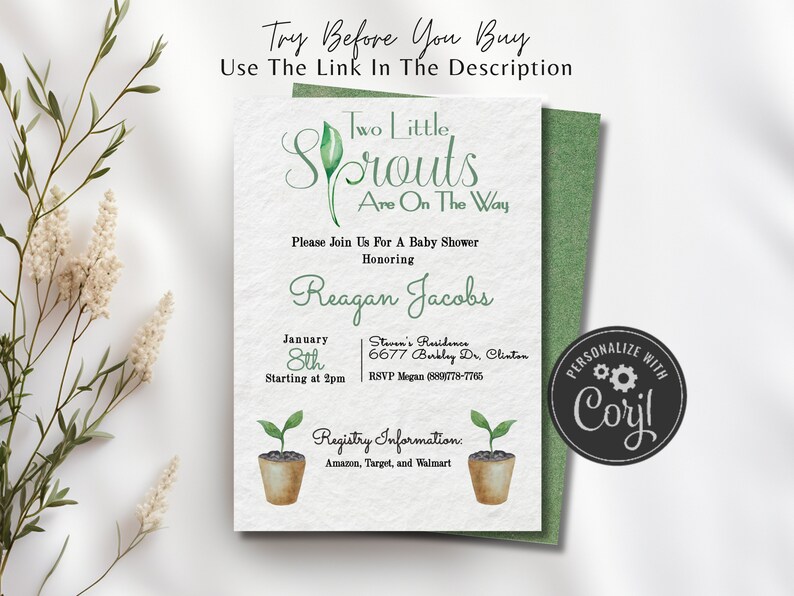 Twin Little Sprout Baby Shower Invitation, Twin Garden Themed Baby ...