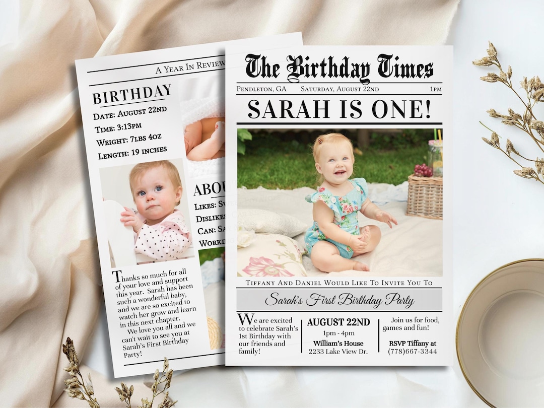 First Birthday Newspaper Invitation, Simple First Birthday Invitation ...