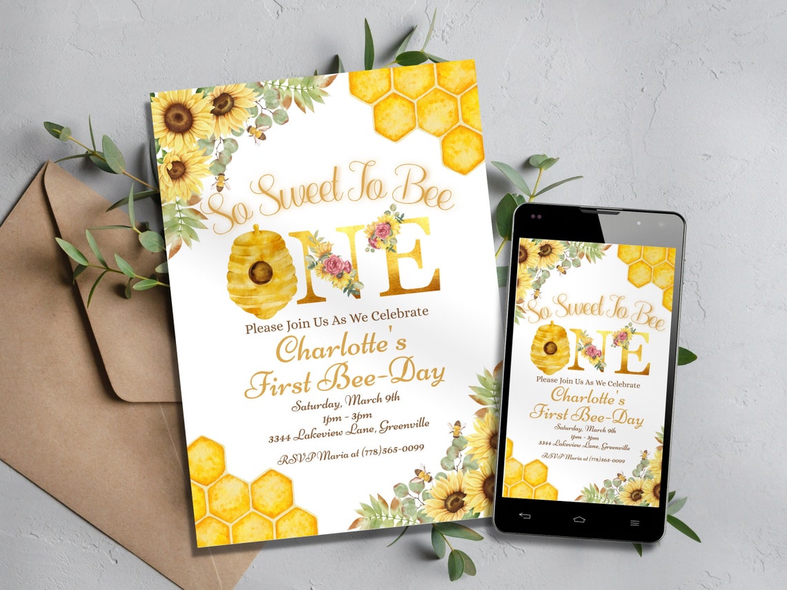 Editable First Bee Day Birthday Party Invitation, so Sweet to Bee One ...