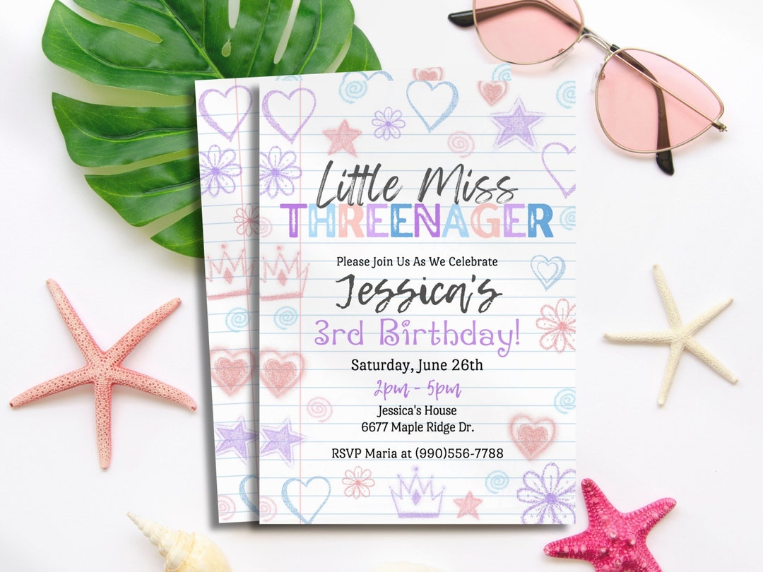 Little Miss Threenager Invitation, Cute Third Birthday Invitation Girl ...
