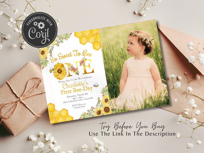 Editable First Bee Day Birthday Invitation With Photo, so Sweet to Bee ...