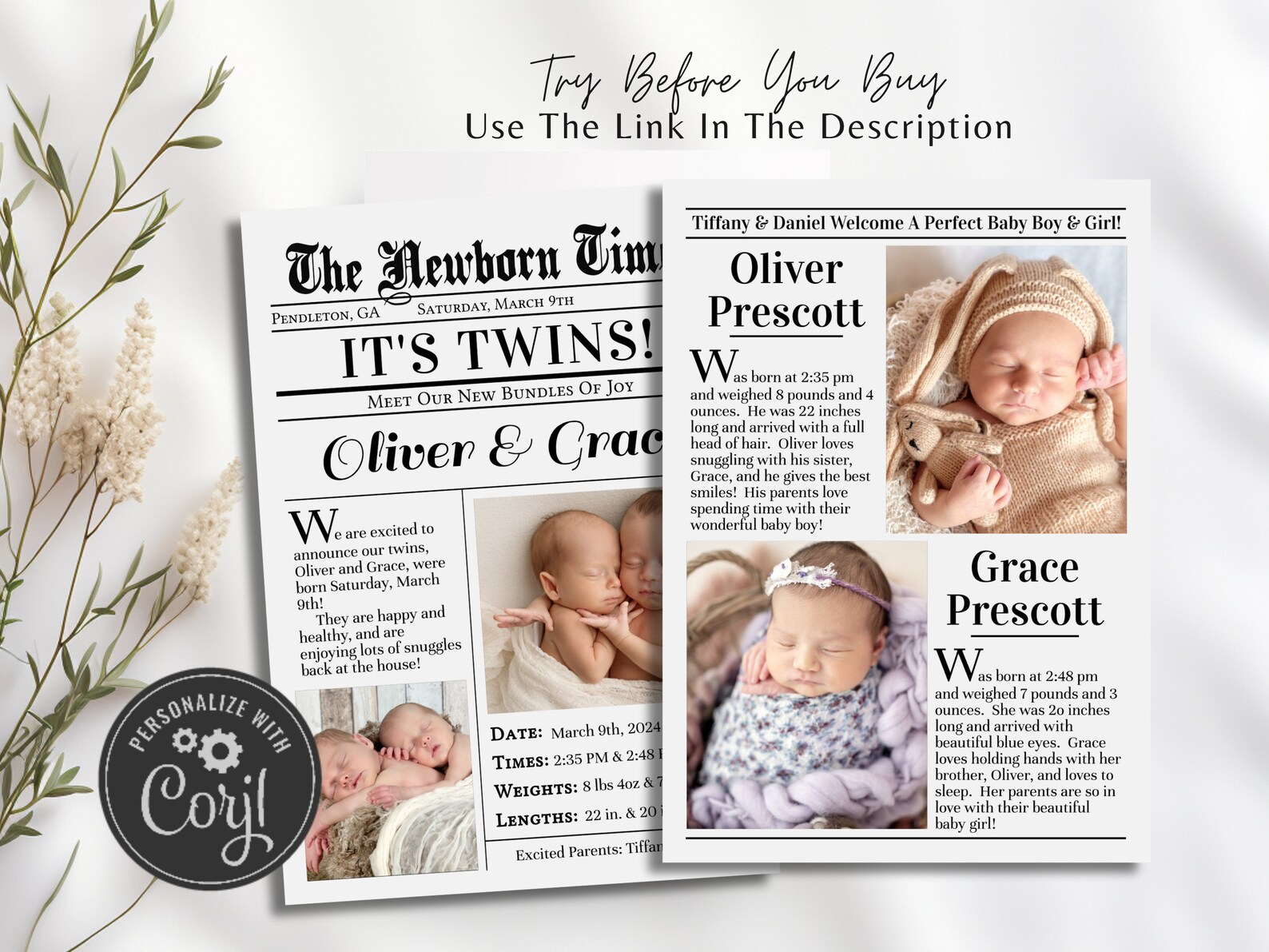 Twin Birth Announcement Template, Newspaper Baby Announcement, Twin ...