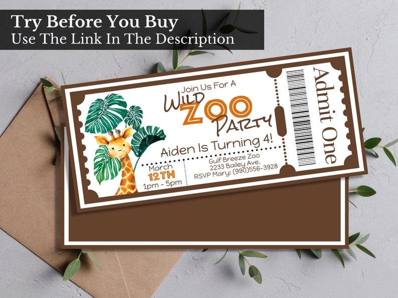 Zoo Birthday Party Invitation Zoo Ticket Birthday Invitation - Etsy