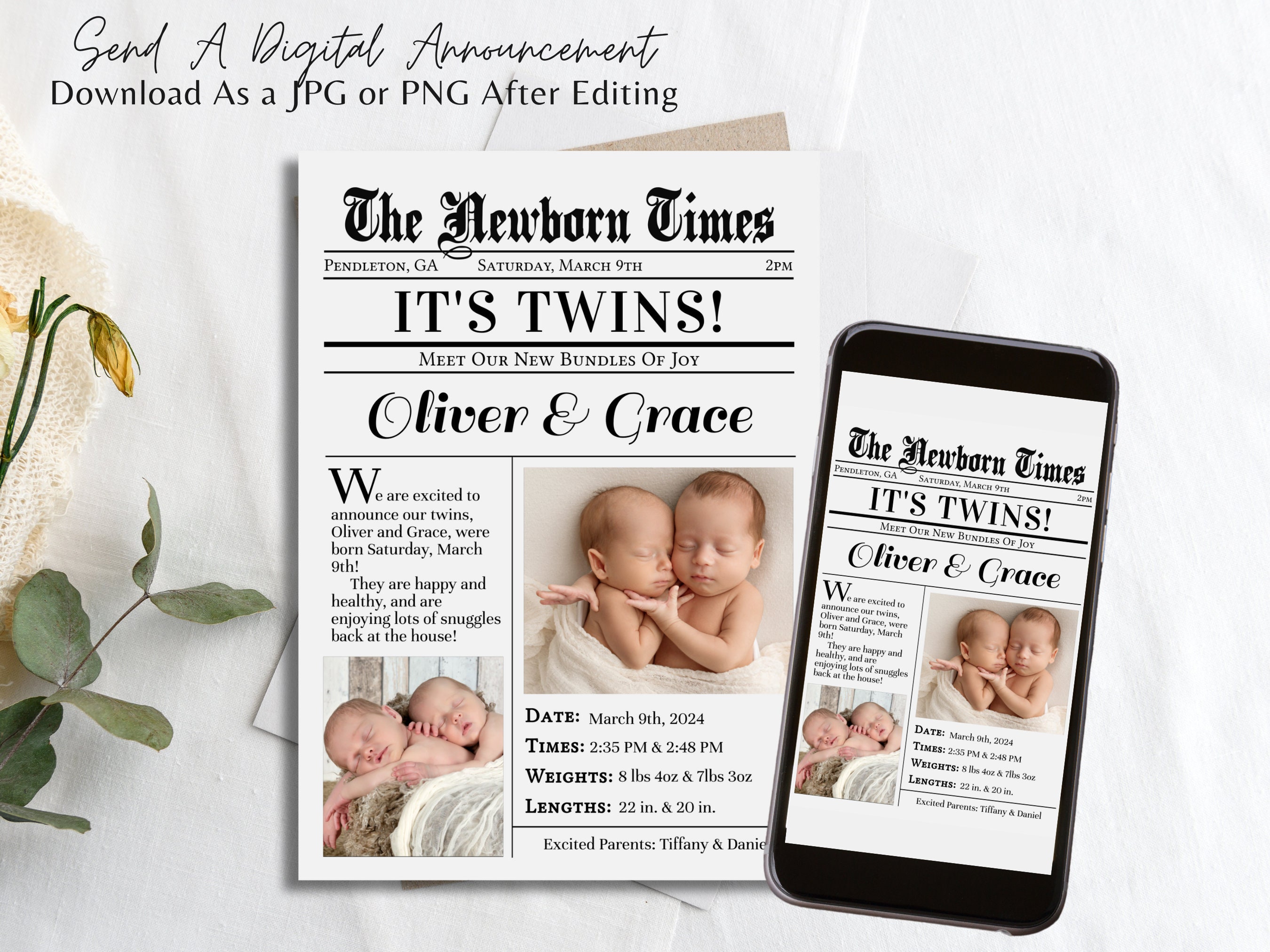 Twin Birth Announcement Template, Newspaper Baby Announcement, Twin ...