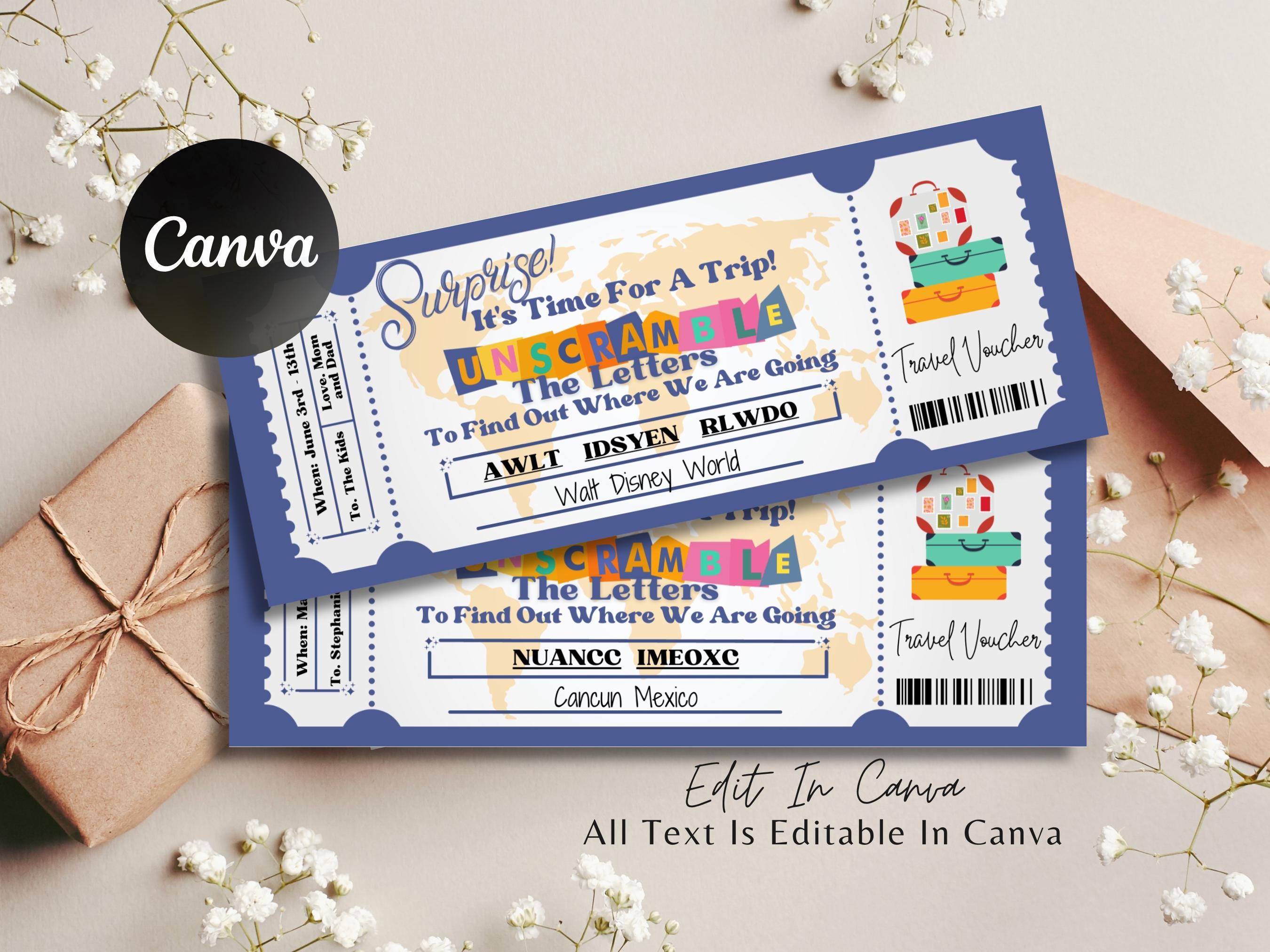 Editable Travel Voucher Template, Printable Surprise Trip Ticket ...