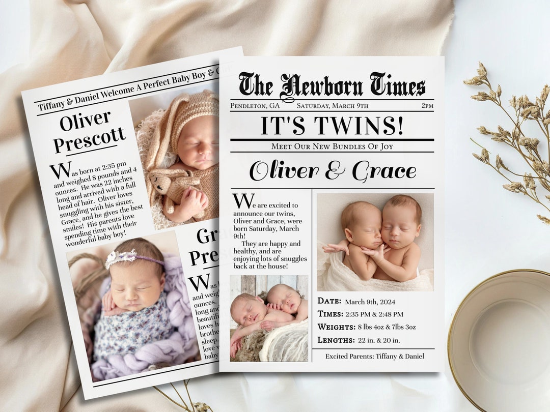 Twin Birth Announcement Template, Newspaper Baby Announcement, Twin ...
