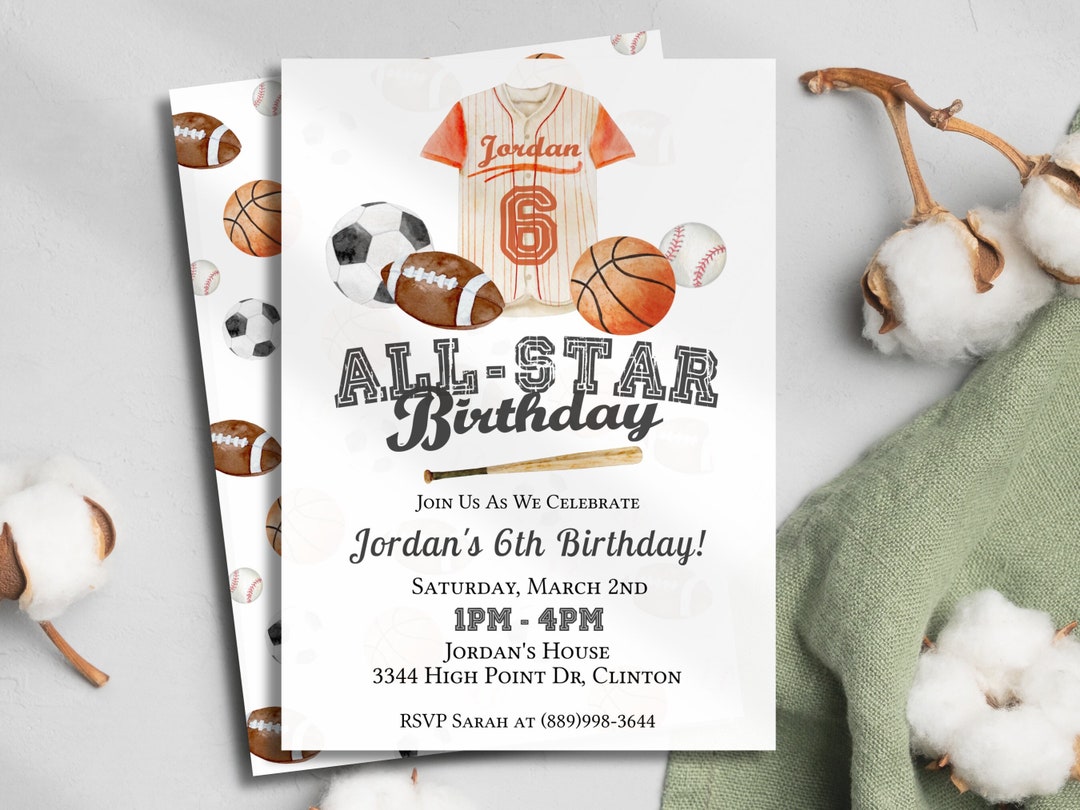 All Star Birthday Party Invitation, Sports Birthday Invitation Template ...