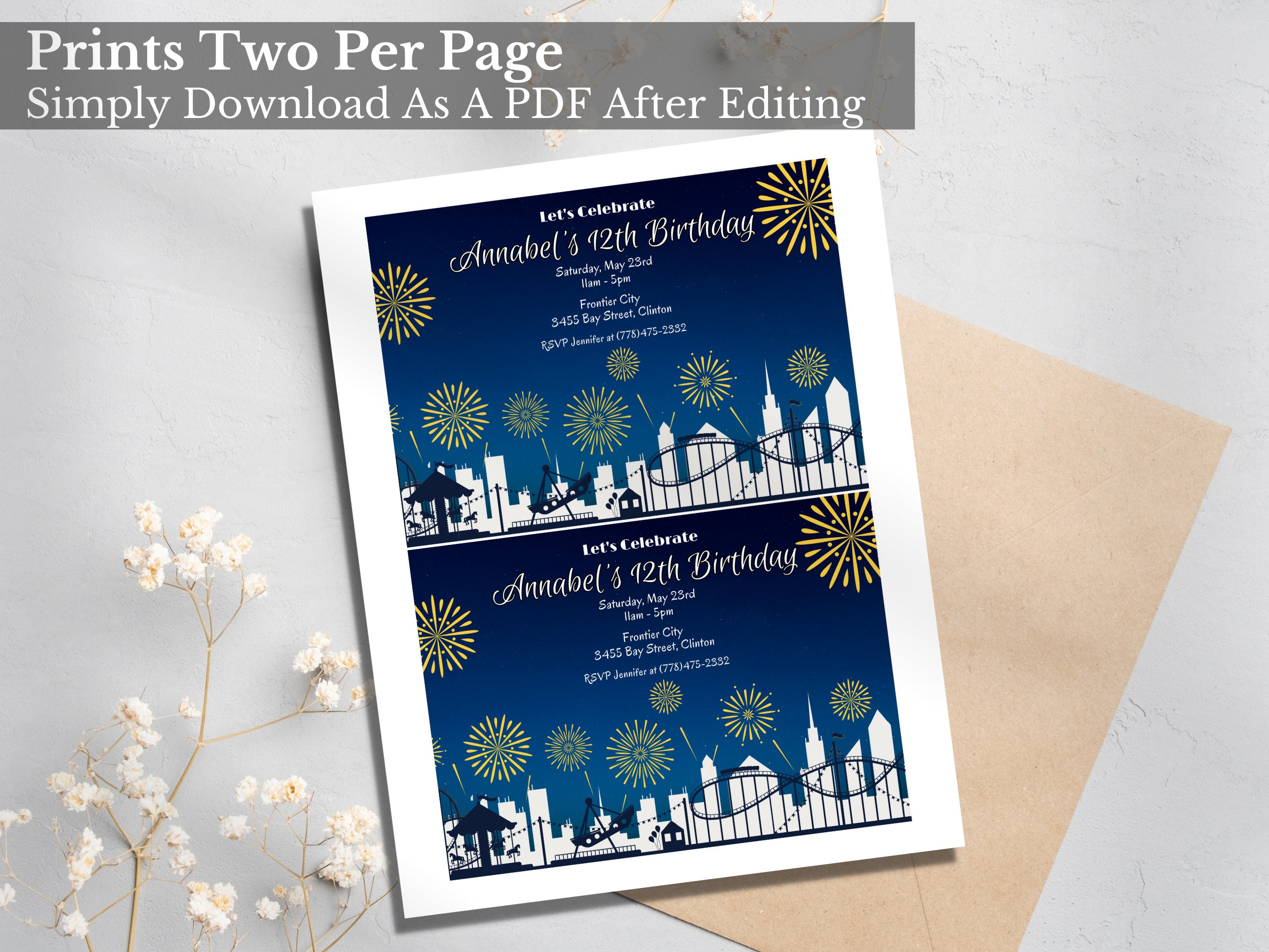 Editable Theme Park Birthday Invitation, Printable Carnival Invitation ...