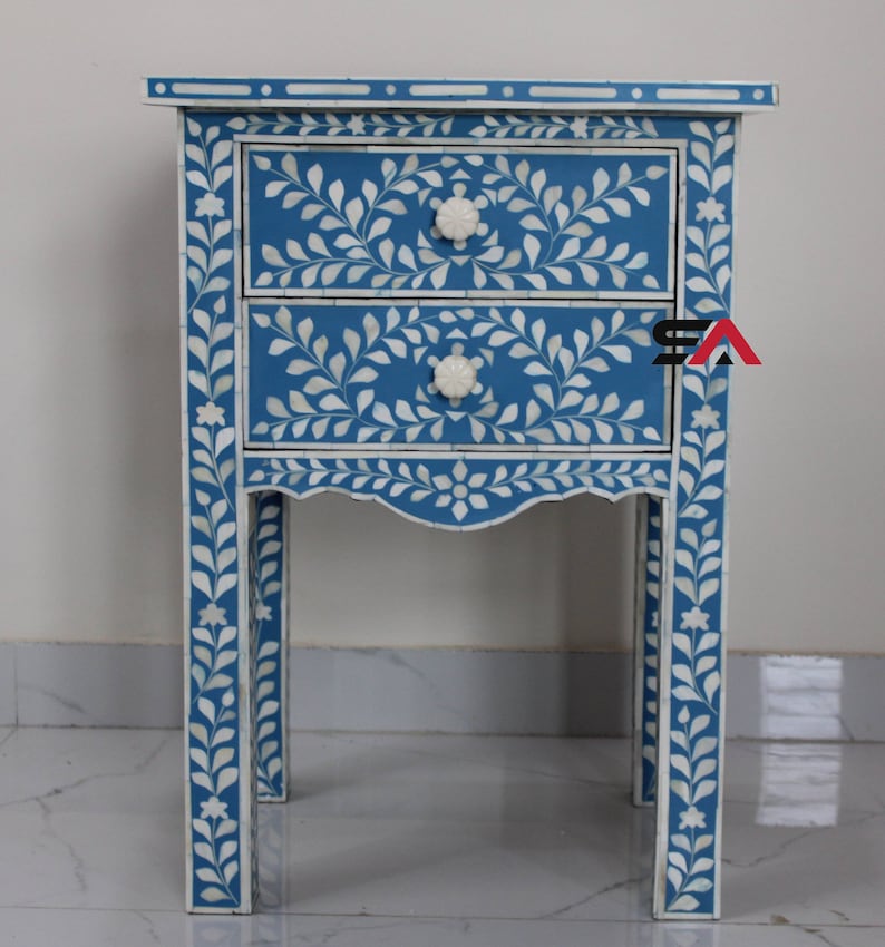 Floral Bone Inlay Bedside Table – Handcrafted Nightstand With 2 Drawers ...