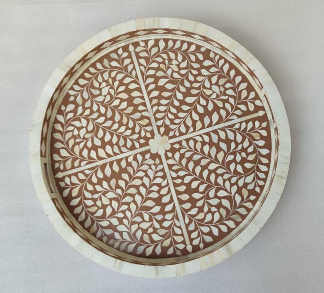 Exquisite Bone Inlay Serving Tray With Floral Design – Round Tray for ...