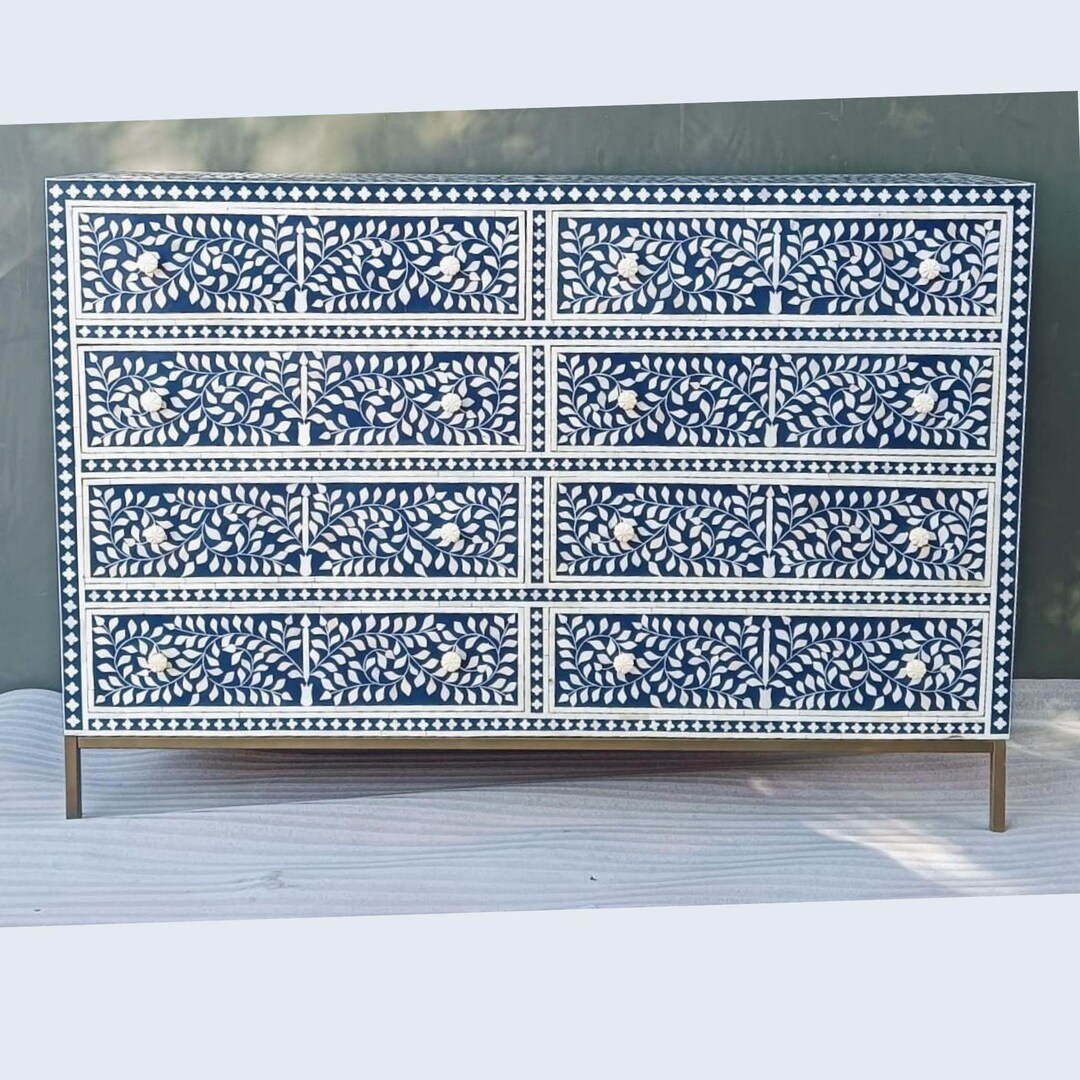 Bone Floral Pattern 8-drawer Sideboard With Iron Legs - Modern Inlay ...