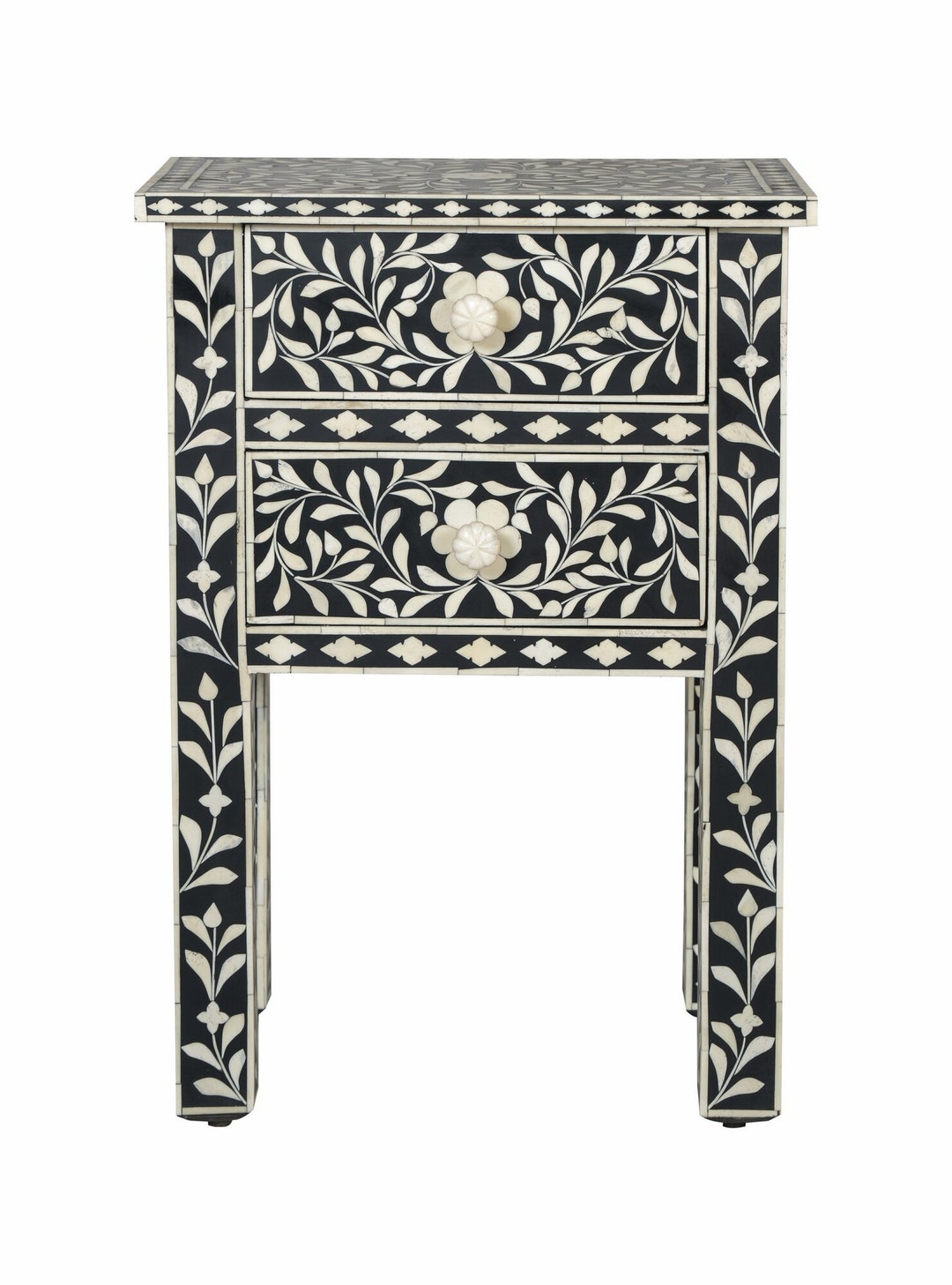 Bone Inlay Bedside Table 2 Drawer Floral Pattern, Handmade Bone Inlay ...