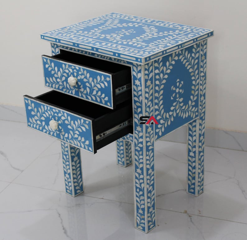 Floral Bone Inlay Bedside Table – Handcrafted Nightstand With 2 Drawers ...
