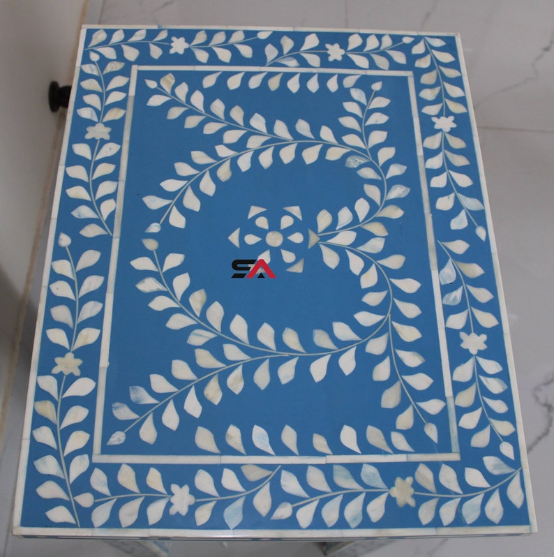 Floral Bone Inlay Bedside Table – Handcrafted Nightstand With 2 Drawers ...