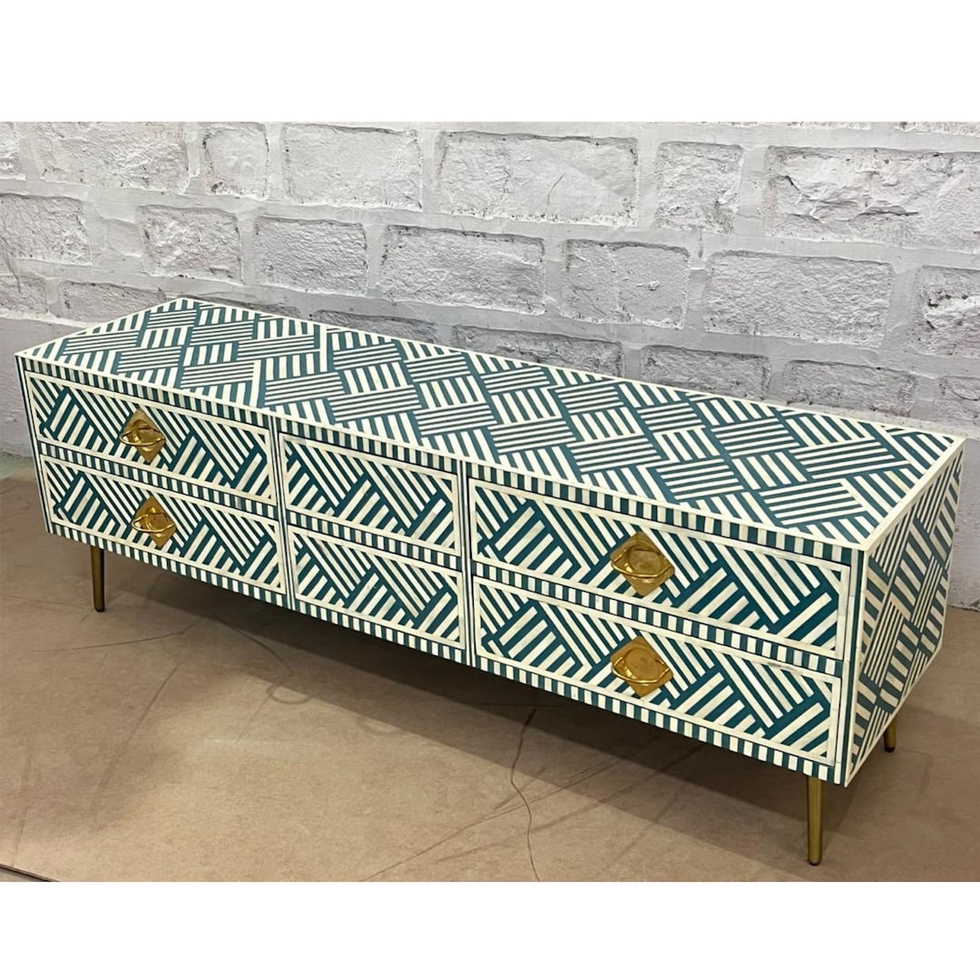 Bone Inlay Striped Pattern TV Unit - Handmade Media Cabinet, TV Stand ...