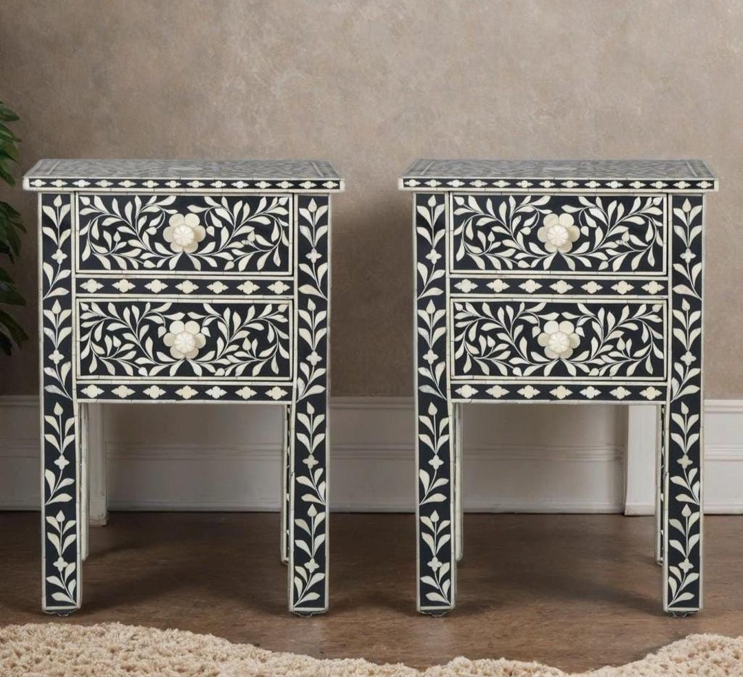 Handmade Bone Inlay 2 Drawer Combo Bedside Table - Floral Pattern ...
