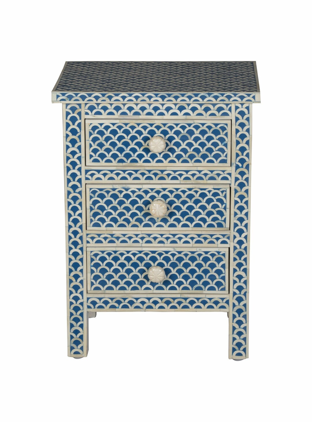 Bone Inlay Bedside Table 3 Drawer Fish Pattern, Handmade Bone Inlay End ...