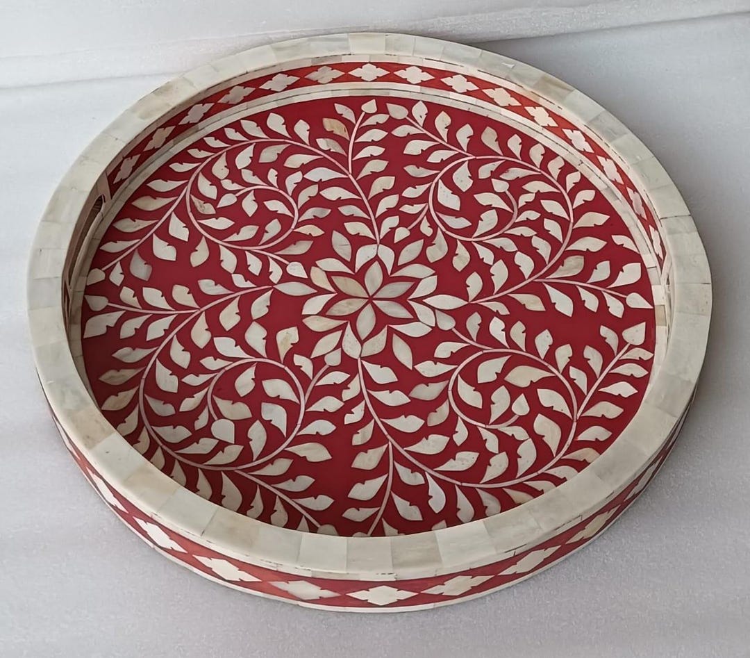 Bohemian Bone Inlay Round Tray With Floral Design – Perfect for Serving ...