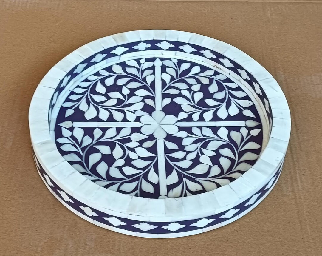 Floral Pattern Bone Inlay Round Tray - Handcrafted Decorative Serving ...
