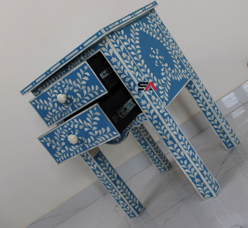 Floral Bone Inlay Bedside Table – Handcrafted Nightstand With 2 Drawers ...