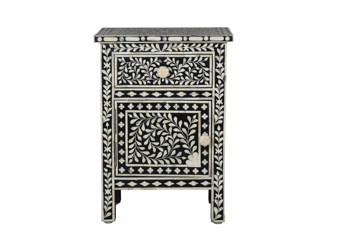 Floral Bone Inlay Bedside Table 1 Drawer & 1 Door Nightstand, End Table ...