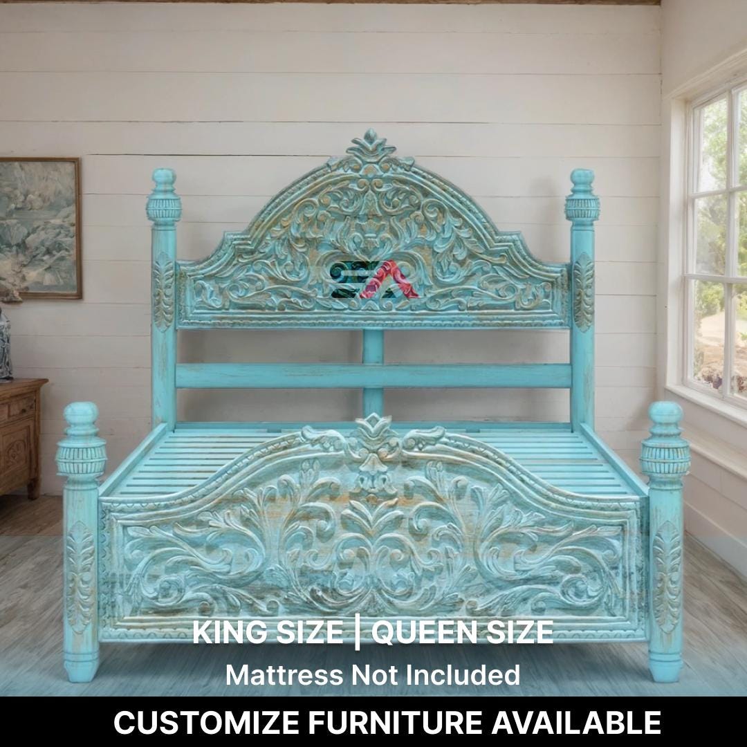 Turquoise Bed | Hand Carved Turquoise Rustic Mango Wood | Rustic Wood ...