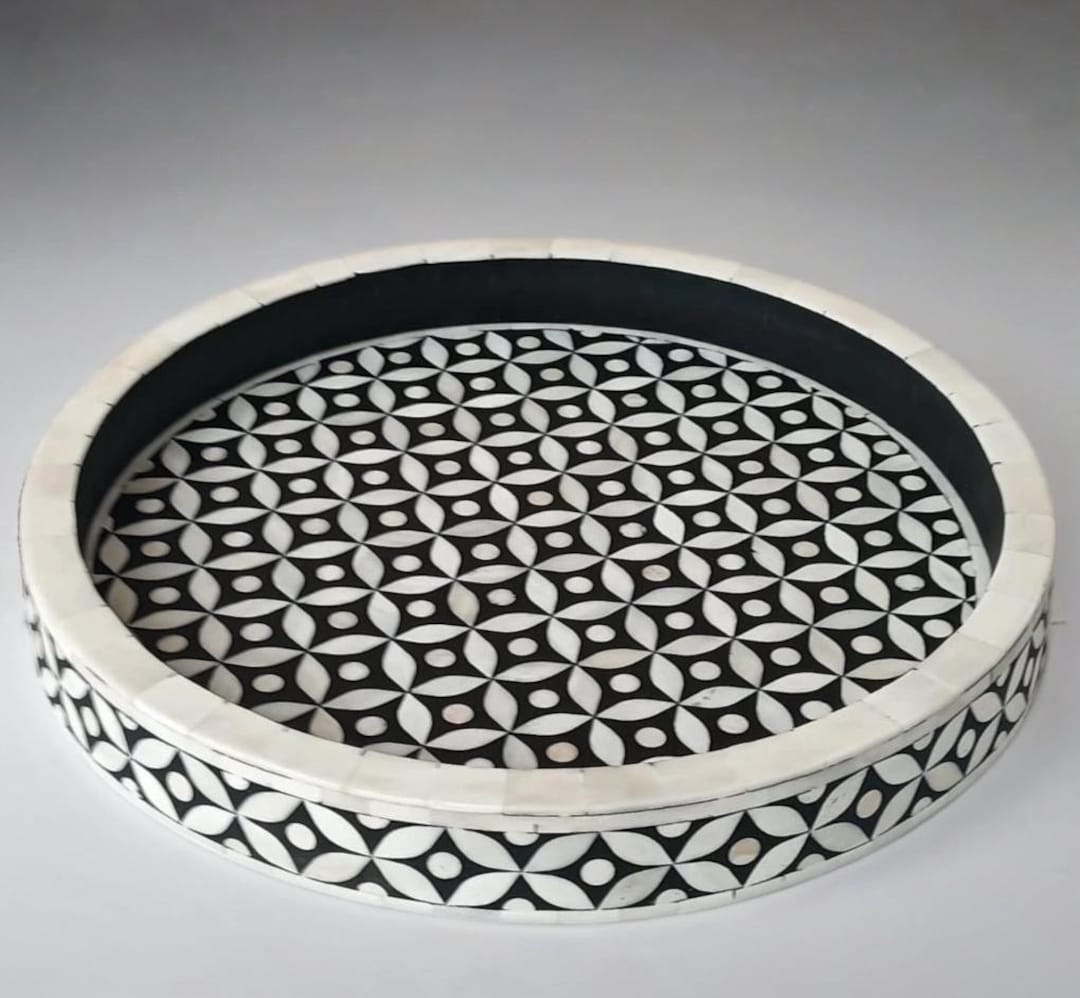 Luxury Geometric Bone Inlay Round Tray - Eye Pattern Decorative Serving ...