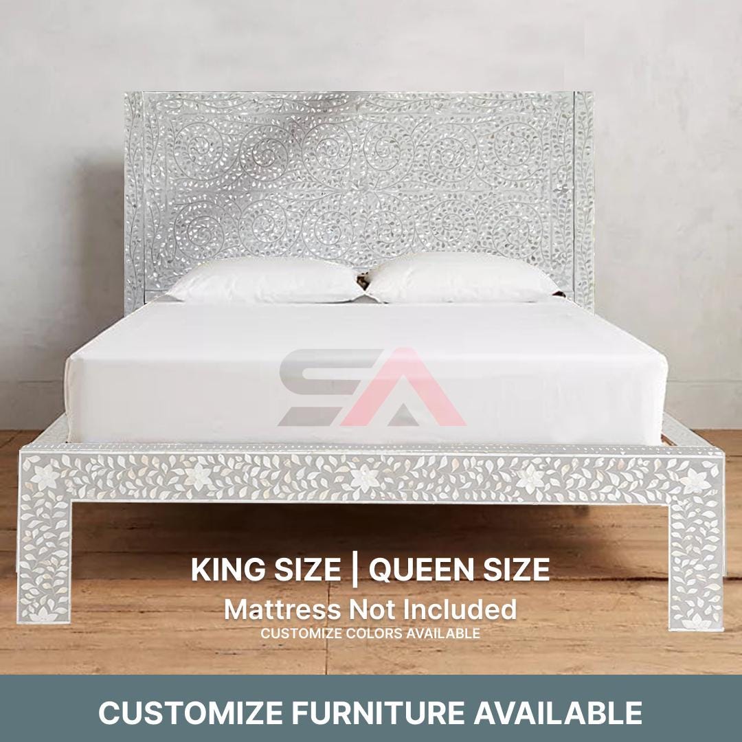 MOP Inlay Floral Pattern Bed – Handmade Luxury Wooden Bed With Mother ...