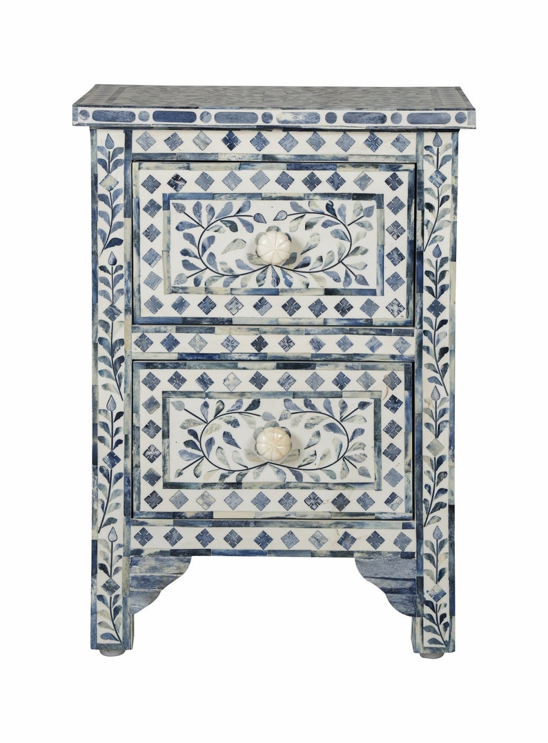 Floral Pattern Blue Bone Inlay 2-drawer Bedside Table Handmade ...