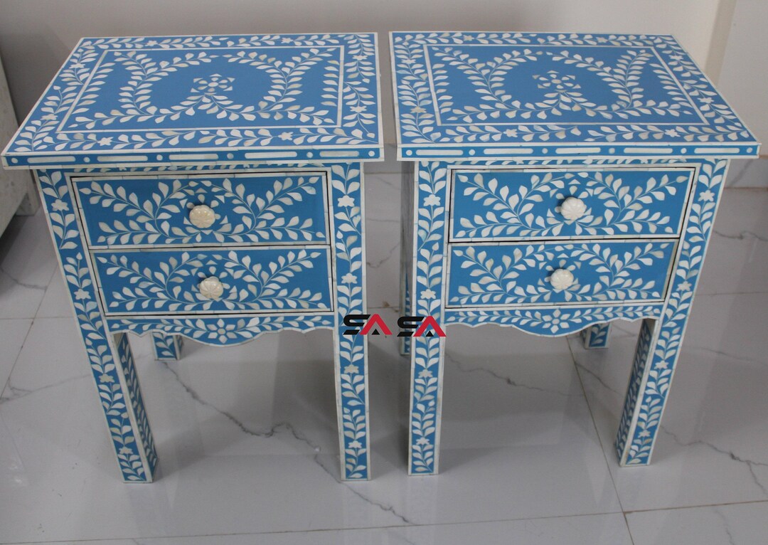 Floral Bone Inlay Bedside Table – Handcrafted Nightstand With 2 Drawers ...