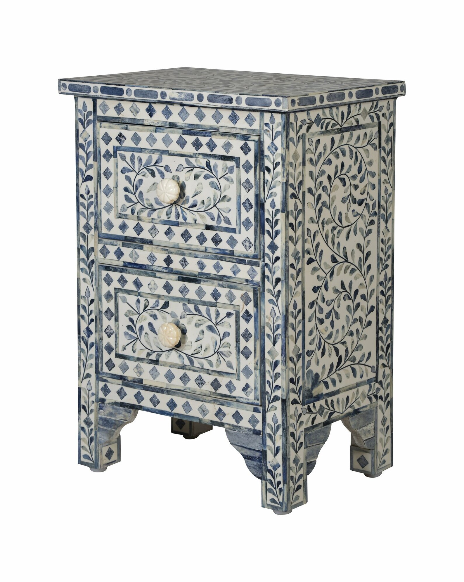 Floral Pattern Blue Bone Inlay 2-drawer Bedside Table Handmade ...