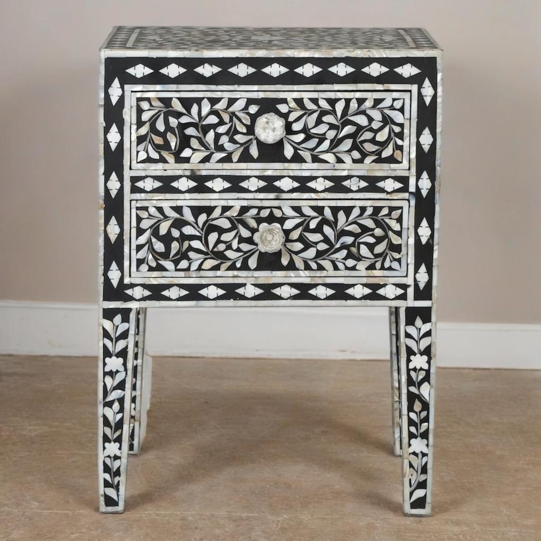 Handcrafted Floral Mop Inlay 2-drawer Nightstand – Elegant Bedside ...