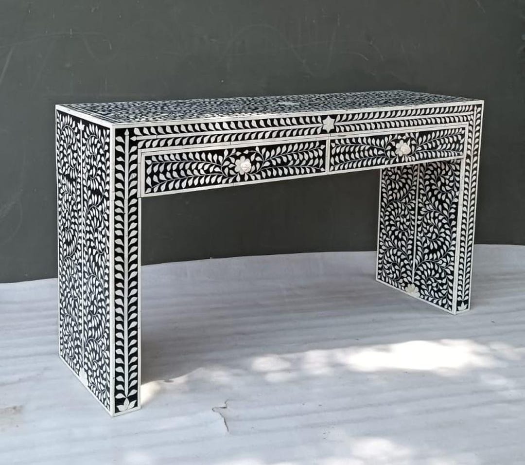 Handmade Floral Pattern Bone Inlay Console Table, 2 Drawer Entryway ...