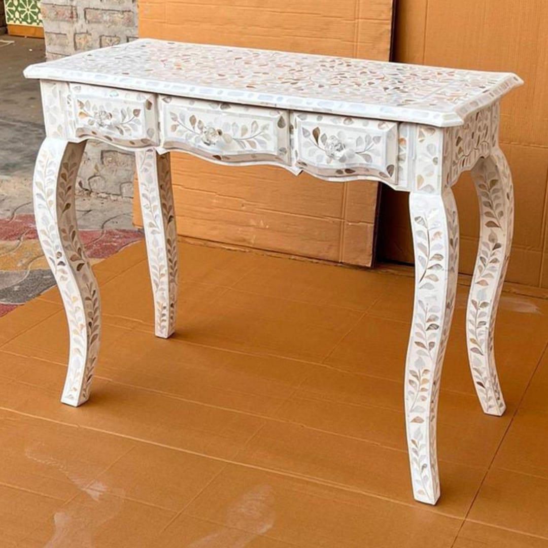 Handmade Floral Pattern White MOP Inlay Console Table – 3 Drawer ...