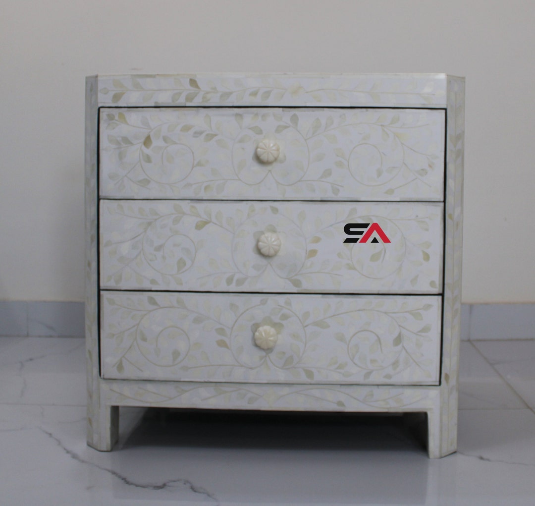 Floral Pattern Bone Inlay 3 Drawer Bedside Table – Handcrafted ...