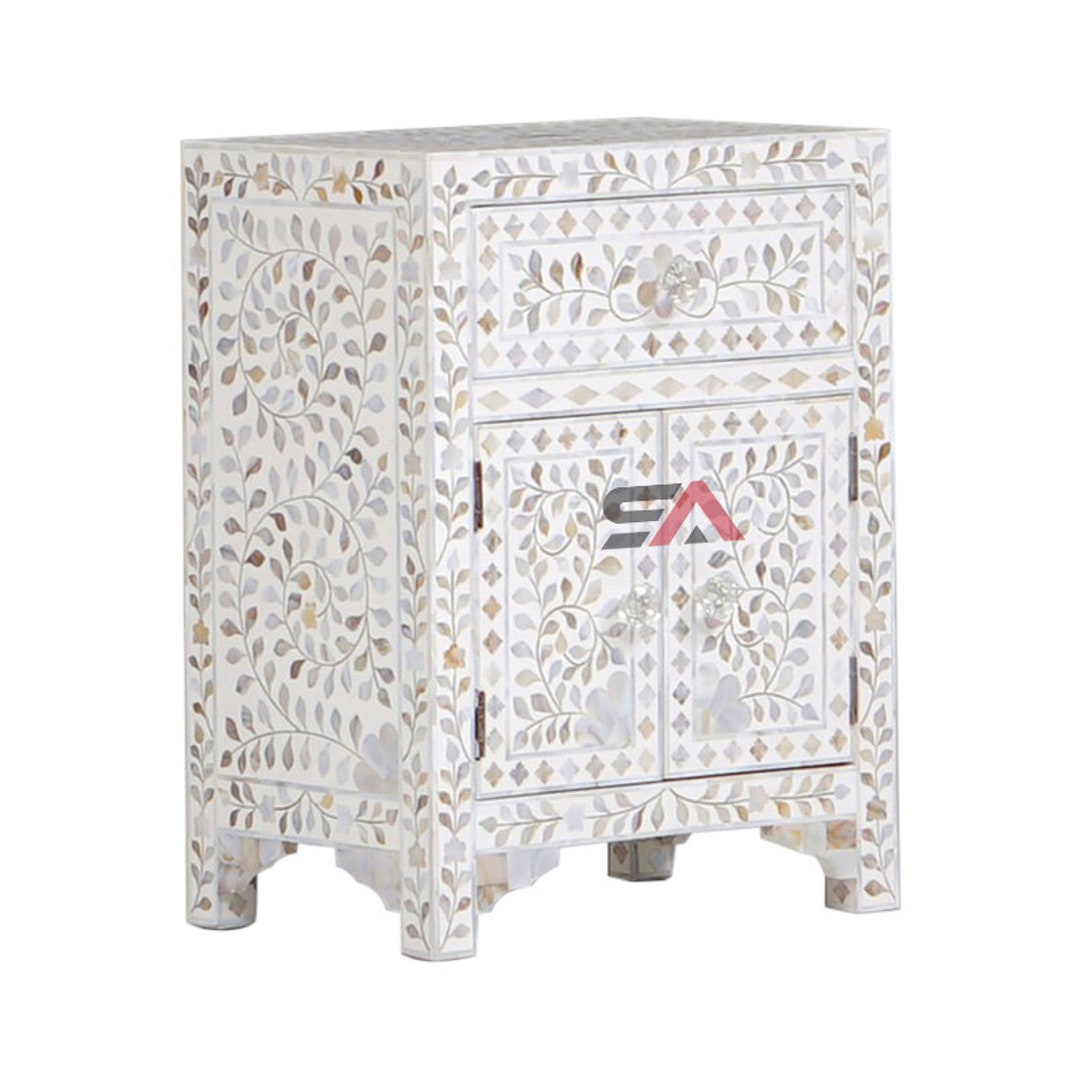 MOP Inlay Bedside Table 1 Drawer and 2 Door Floral Pattern, Handmade ...