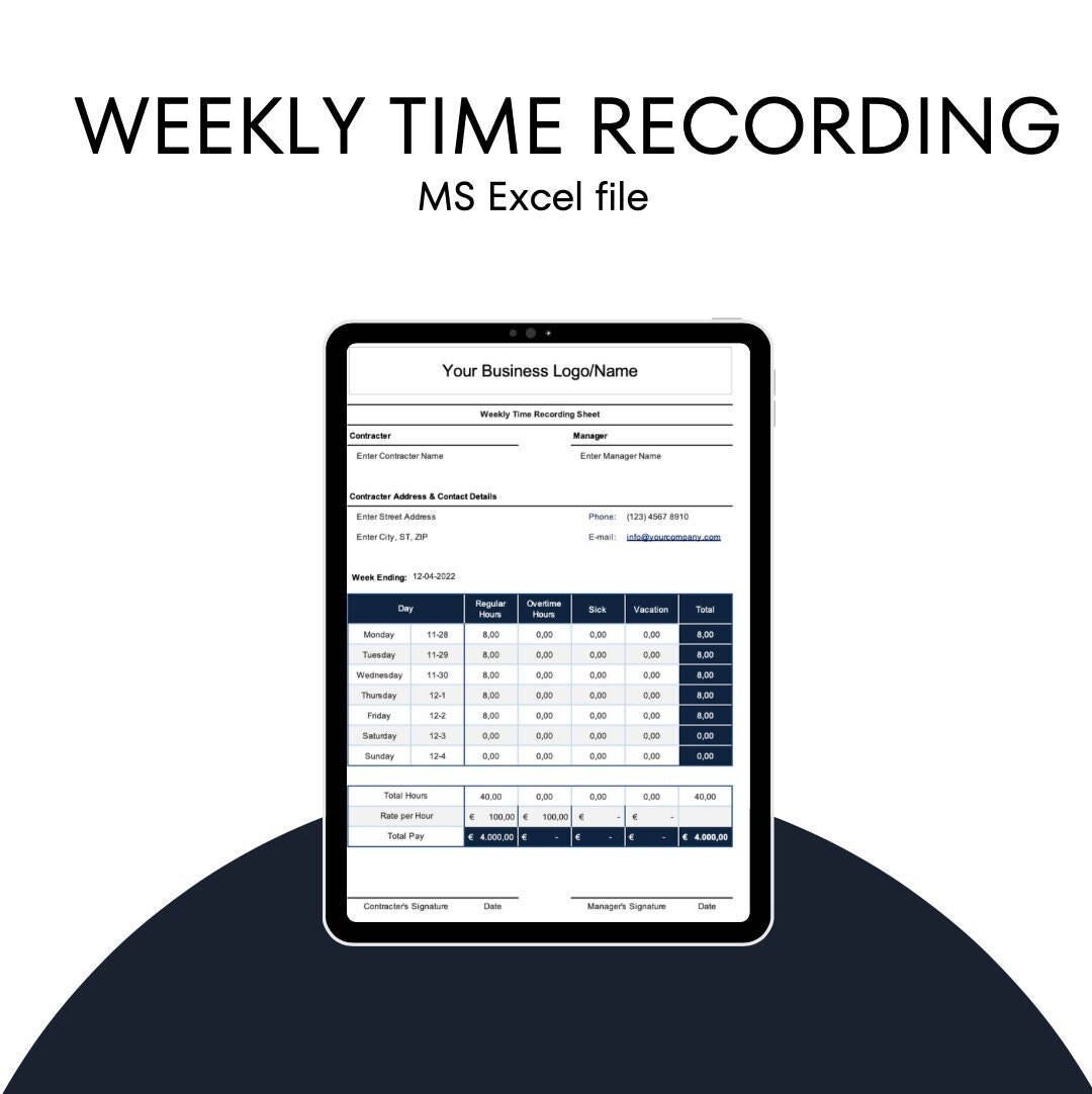 Weekly Time Recording MS Excel Time Log Digital - Etsy