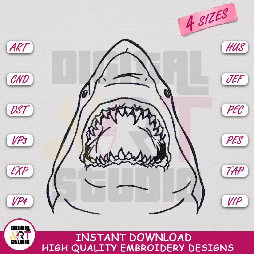 Angry Shark Face Embroidery Design Angry Shark Face Digitizing 4 Hoop ...
