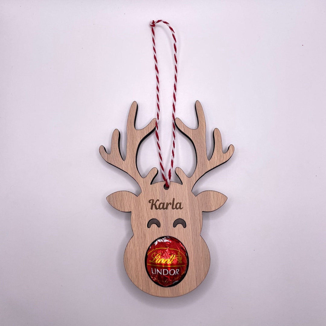 Personalised Engraved Wooden Reindeer Lindt Lindor Holder Christmas ...