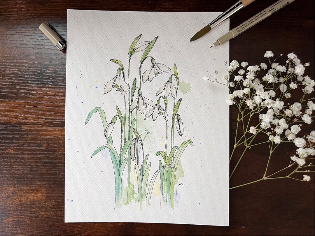 Snowdrop Original Art, Watercolor Wash and Ink Painting, Snowdrop ...