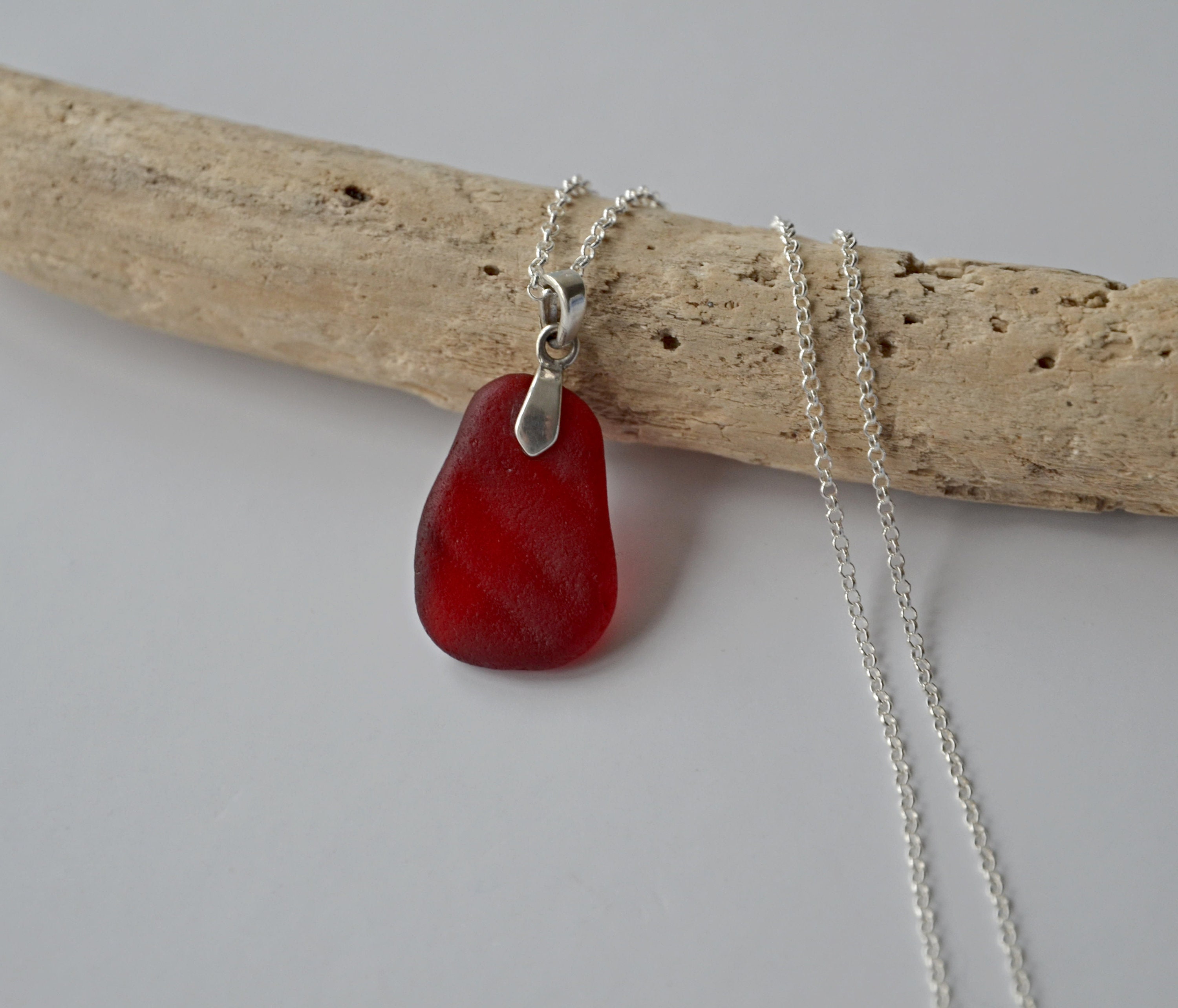 Sea Glass Necklace Sterling Silver Necklace Red Sea Glass Rare Sea Glass Scottish Sea Glass