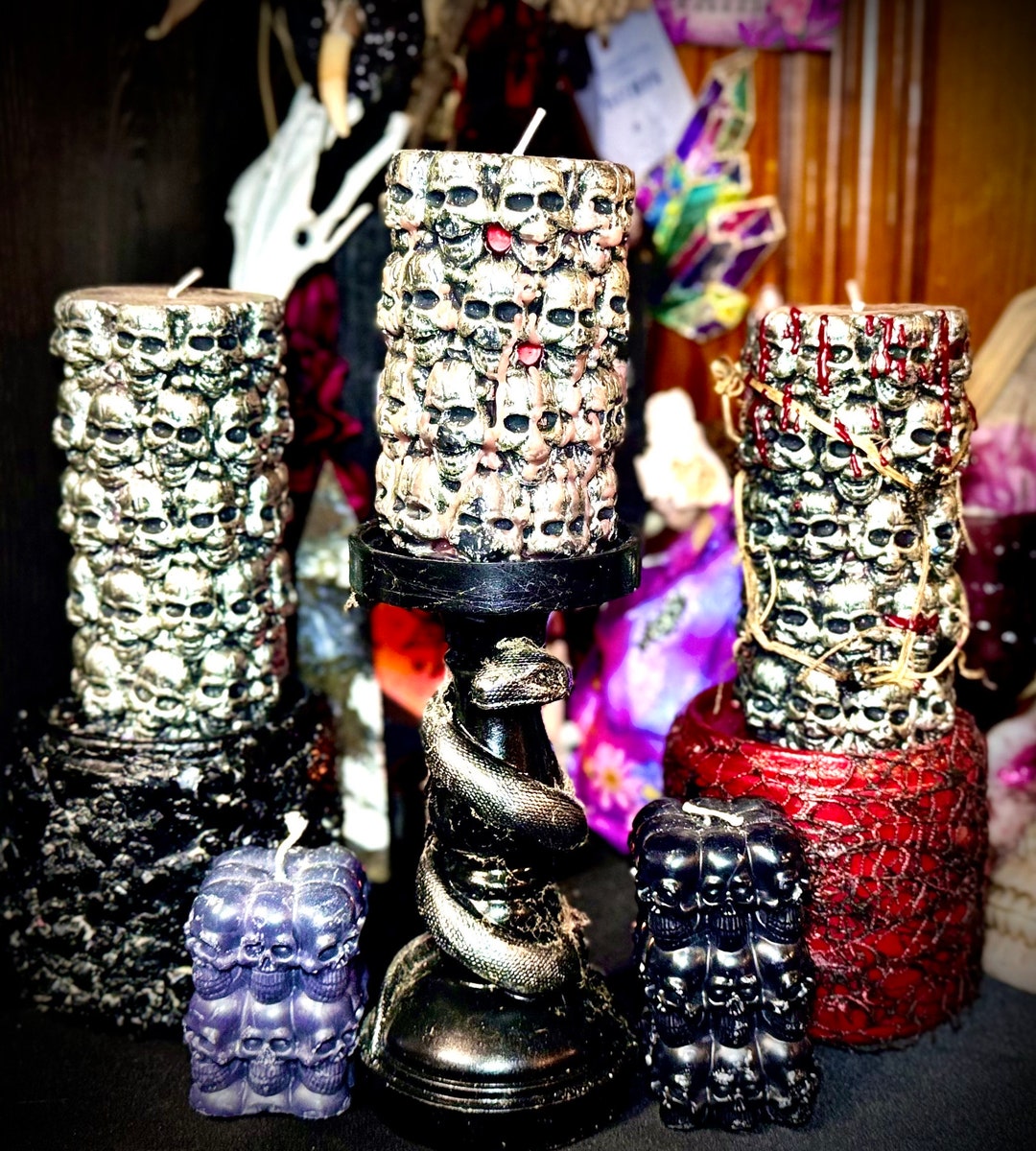 Skull Pillar Candle & Holder Goth Decor Dark Magic Altar Rituals Spells ...