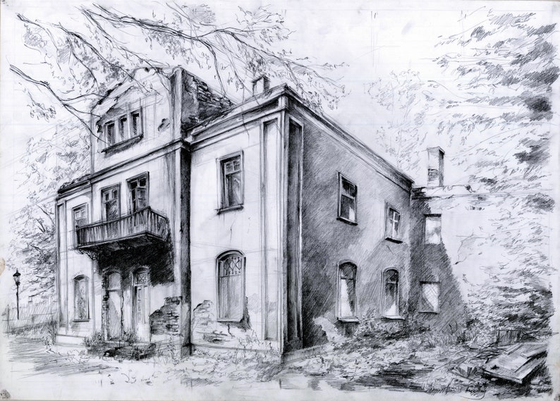 Pencil Drawing Print, Old House Illustration, Architecture Drawing, Art ...