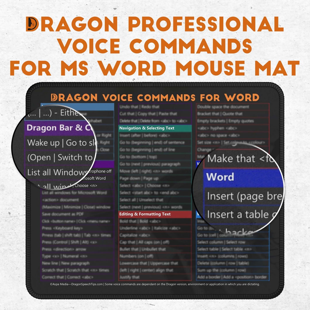 Dragon Voice Commands for Microsoft Word, Dragon Professional Individual Cheat Sheet, Dragon ...