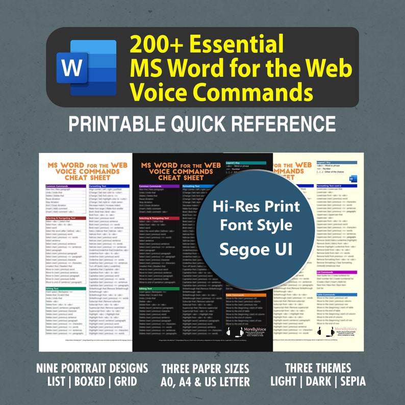 The Essential Word for the Web Voice Commands Cheat Sheet - Segoe UI Font - Accessibility ...
