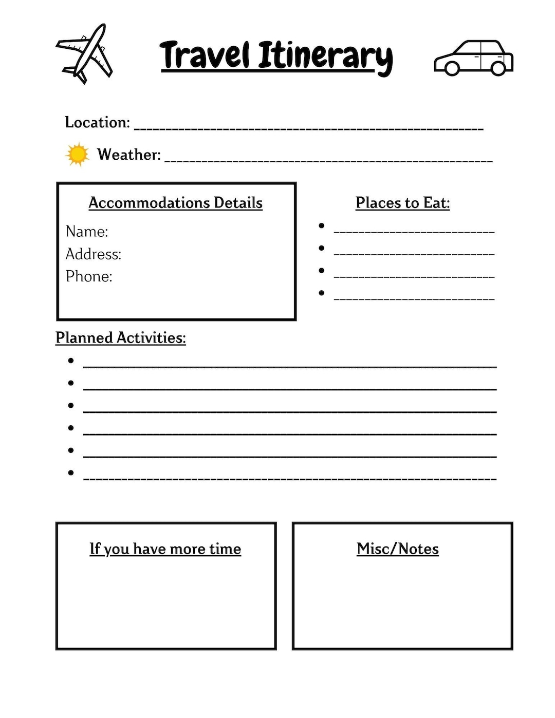 Printable Travel Itinerary, Travel Plan Printable, Vacation Itinerary ...