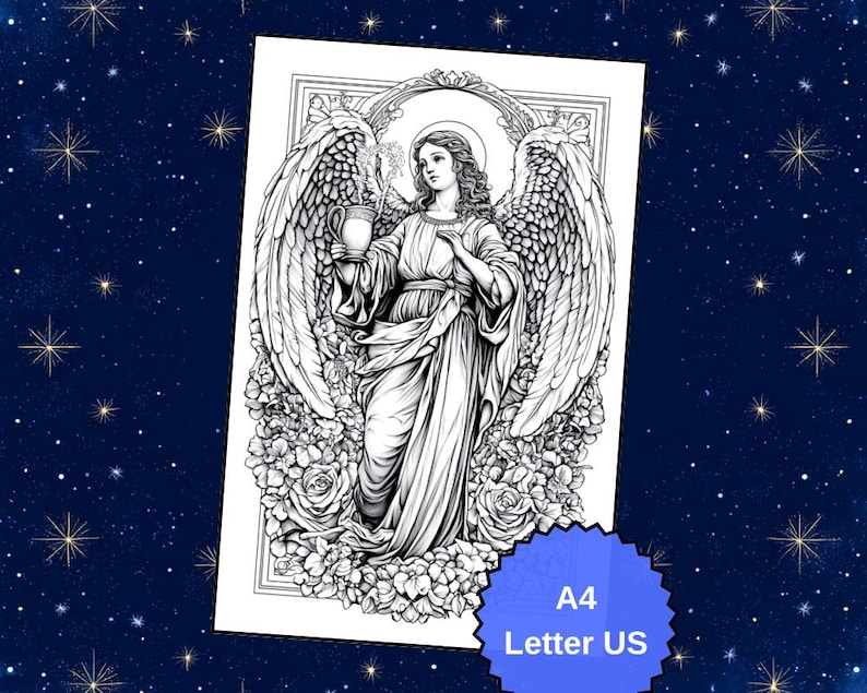 Medieval Angel Coloring Page for Adults, Gothic Angel With Celestial ...