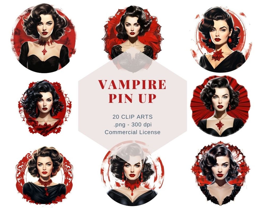 20 Vampire Pinup Clipart, Spooky Clip Art, Watercolor Halloween, 50s ...