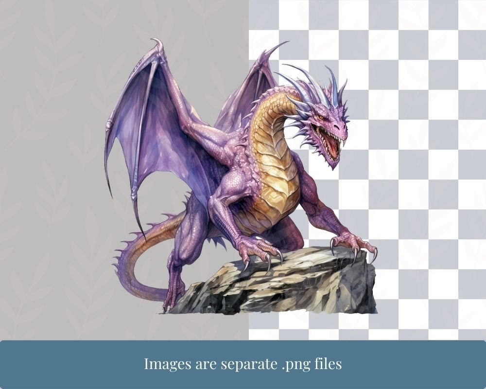 20 Watercolor Purple Dragon Clip Art, Fantasy Clipart, Watercolor ...