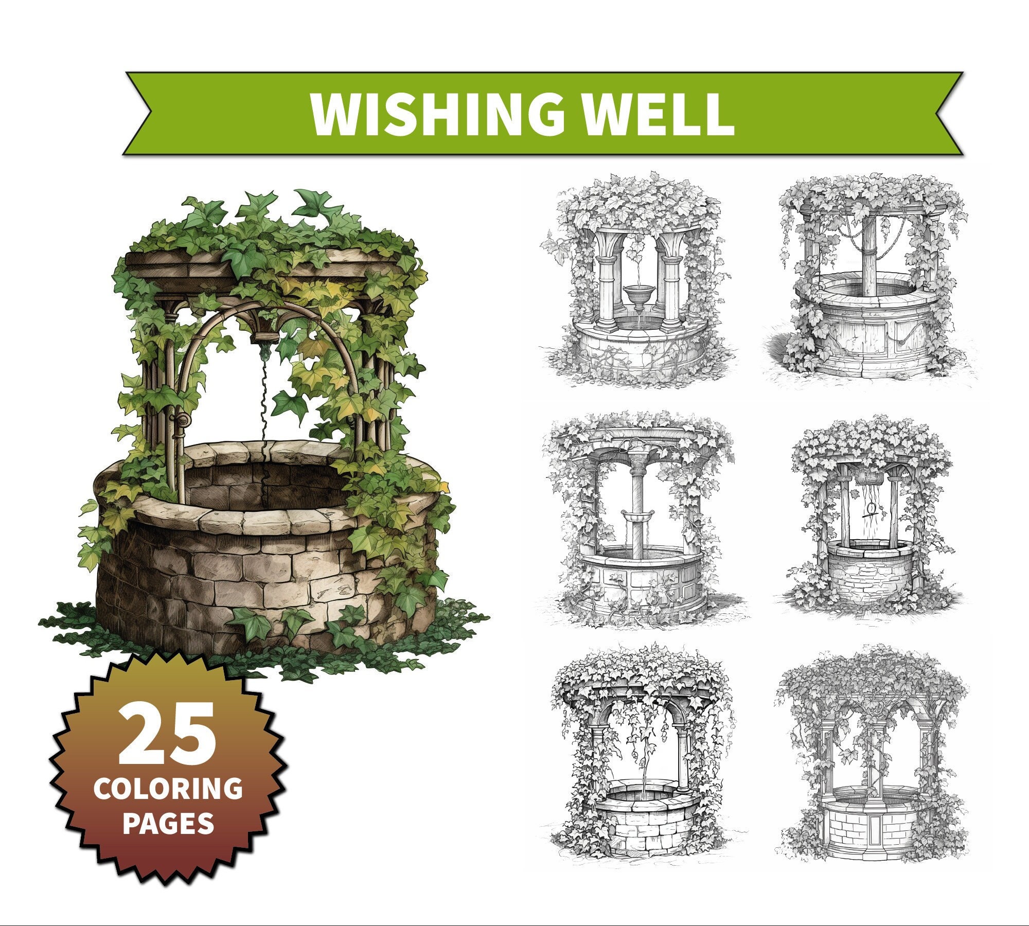 25 Wishing Wells for Coloring Pages, Fantasy Decor, Fairytale Coloring ...